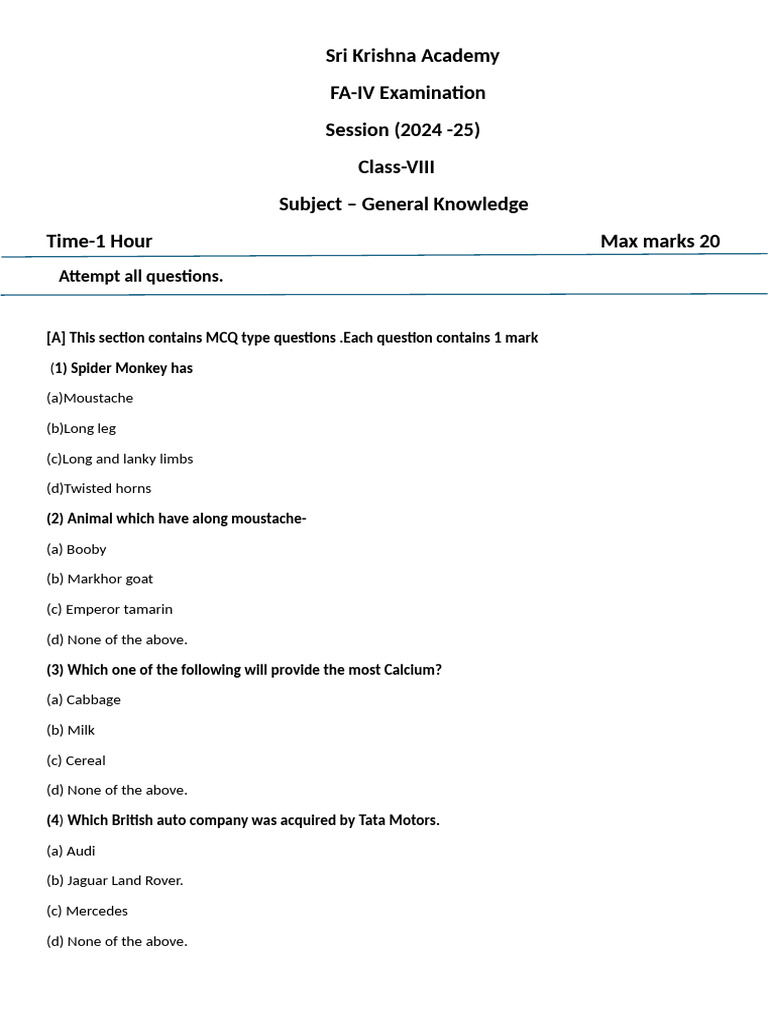 Fa4 General Knowledge Class Viii | PDF