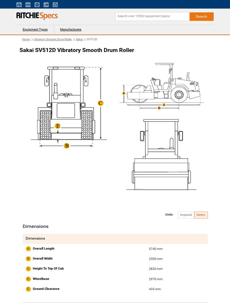 Sakai SV512D Vibratory Smooth Drum Roller Specs & Dimensions ...