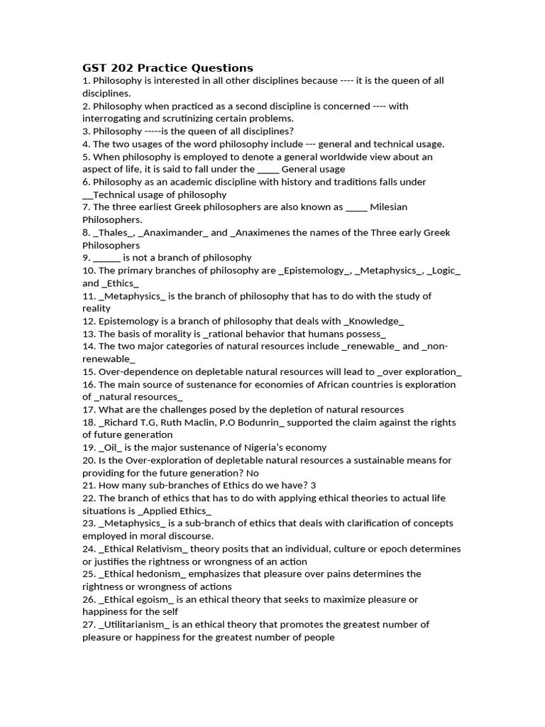 GST 202 Philosophy Practice Questions | PDF | Environmental Ethics ...