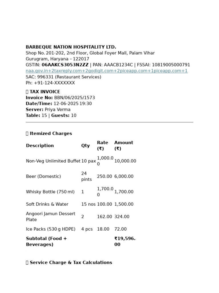 Barbeque Nation GST and Tax Breakdown | PDF