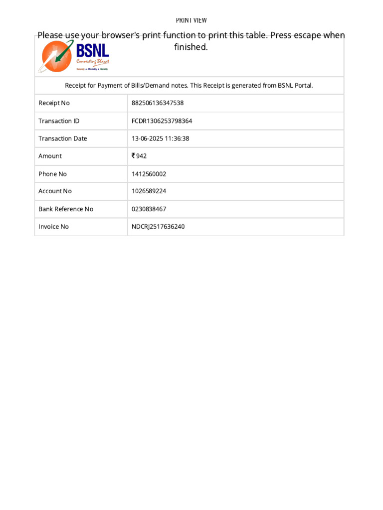 Receipt Details - BSNL Portal | PDF