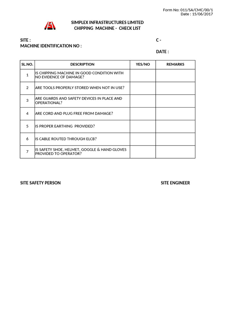 Chipping Machine Safety Checklist | PDF