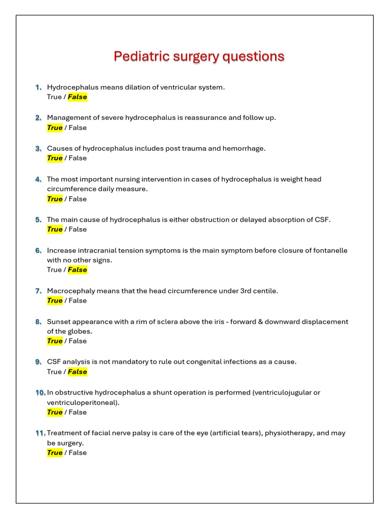 Pediatric Surgery True/False Quiz | PDF | Gastroenterology | Diseases ...