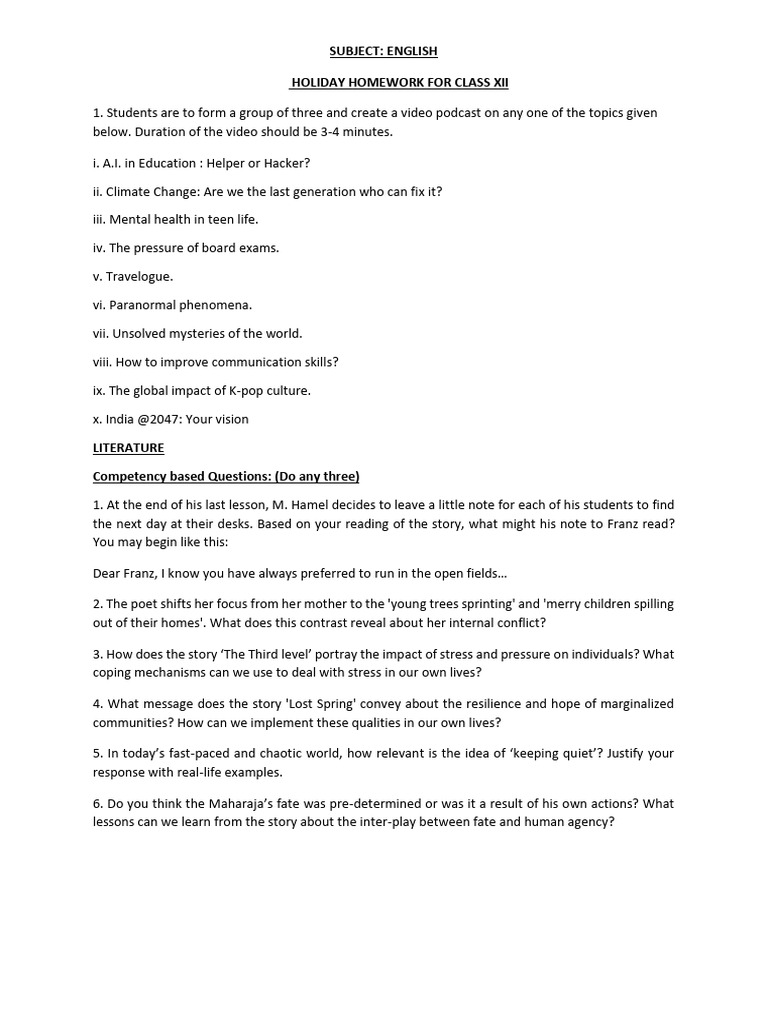 Holiday Homework For Class-Xii | PDF