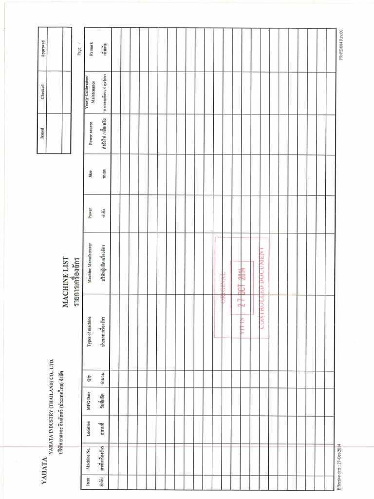 FR-PE-004 (Rev.00) - - Machine List (รายการเครื่องจักร) | PDF