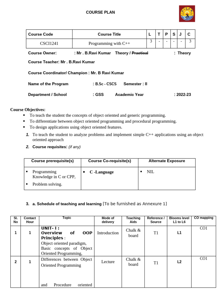 Lesson Plan - Programming With C++ | PDF | Programming | Constructor (Object Oriented Programming)