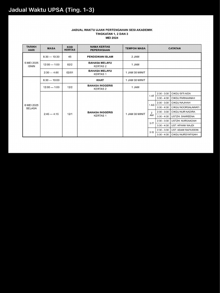 Jadual Waktu UPSA (Ting. 1-3) | PDF