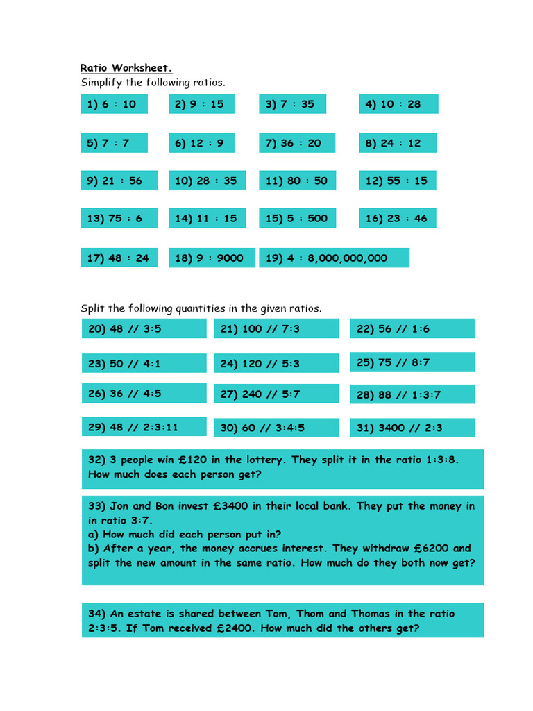 Ratio Simplification and Division Worksheet | PDF