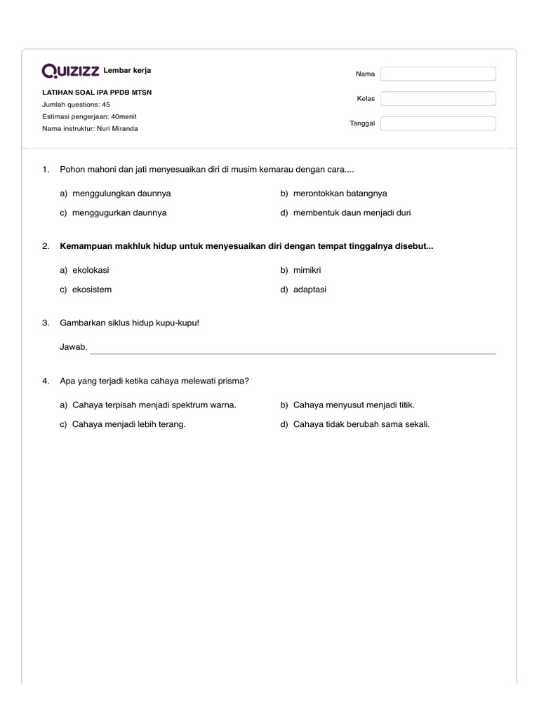 Latihan Soal Ipa PPDB MTSN - Quizizz | PDF