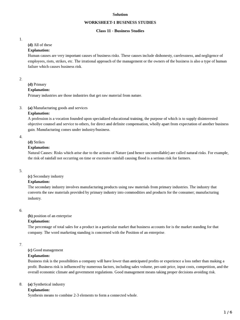 Business Studies Worksheet for Class 11 | PDF | Sole Proprietorship | Risk