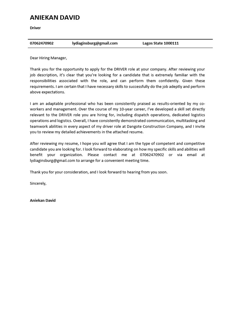 ANIEKAN DAVID CV and Cover Letter | PDF | Driving | Warehouse