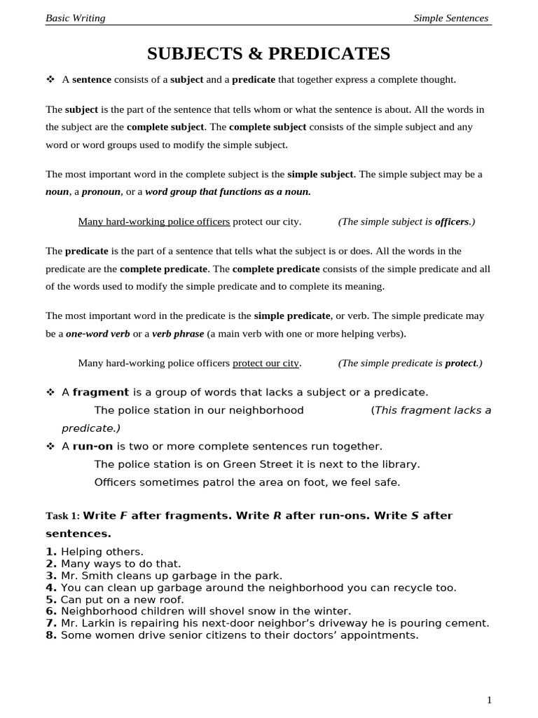 WEEK 1-Simple Sentences | PDF | Subject (Grammar) | Verb