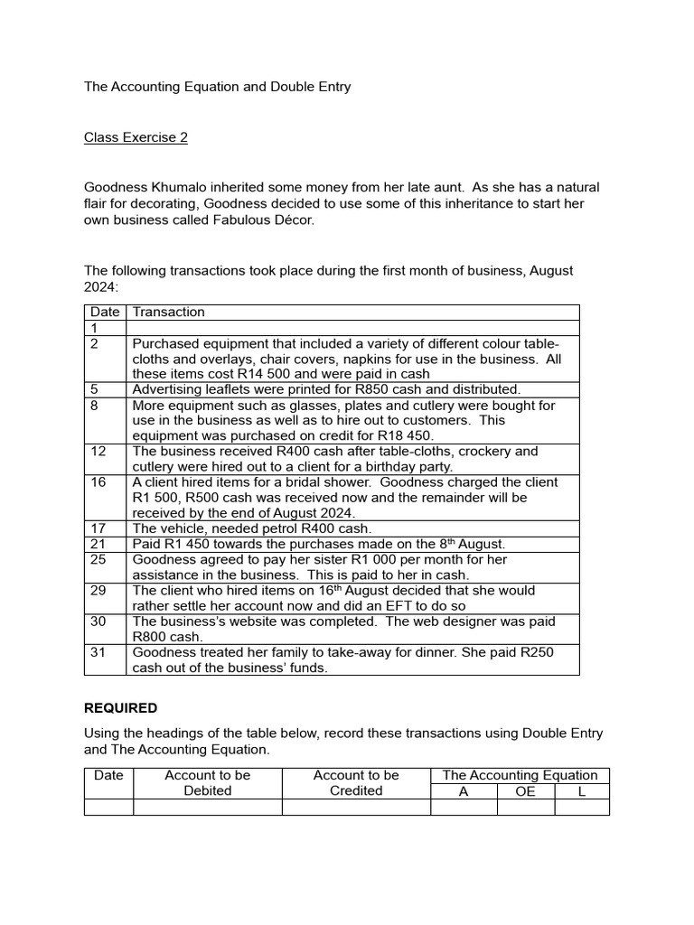 Class Exercise 2 - Accounting Equation and Double Entry | PDF