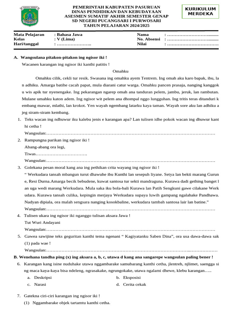 Soal Bahasa Jawa Sas Genap 2024-2025 | PDF