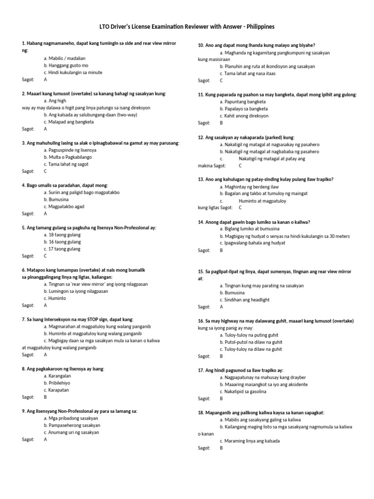 LTO Drivers License Exam Reviewer With Answer | PDF