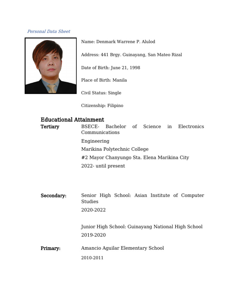 Personal Data Sheet | PDF