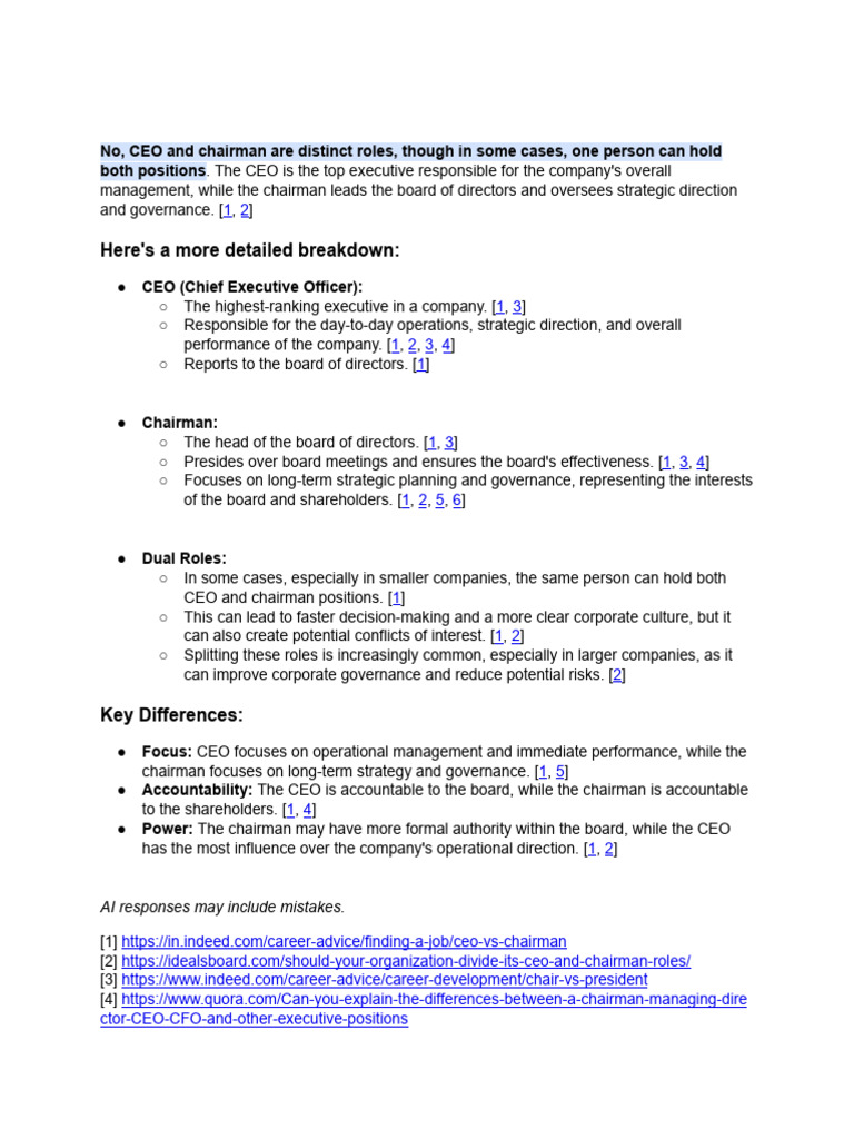 CEO vs Chairman: Key Differences | PDF | Board Of Directors | Chief ...