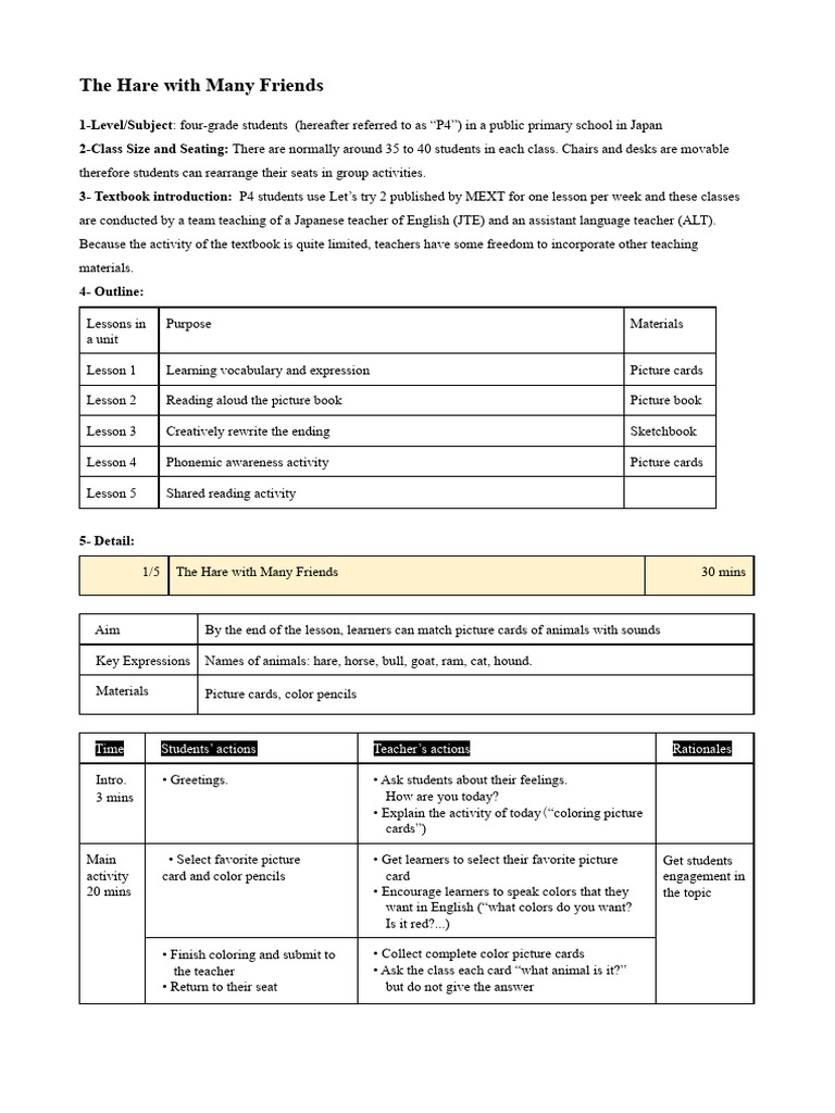 Lesson Plans - P (The Hare With Many Friends) YLs | PDF | Phonics | Learning