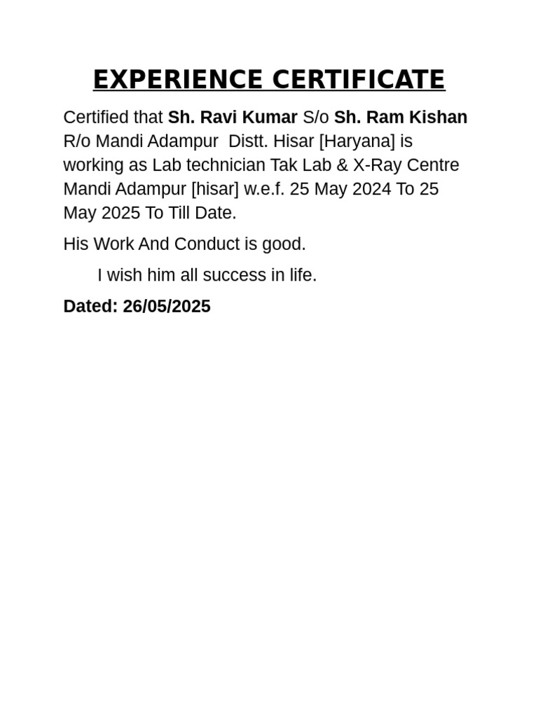 Lab Technician Experience Certificate | PDF