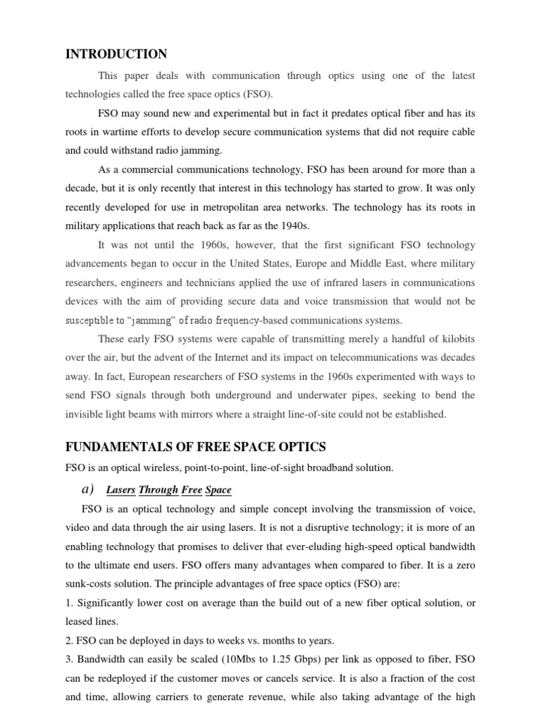 Free Space Optics | PDF | Telecommunication | Optical Fiber
