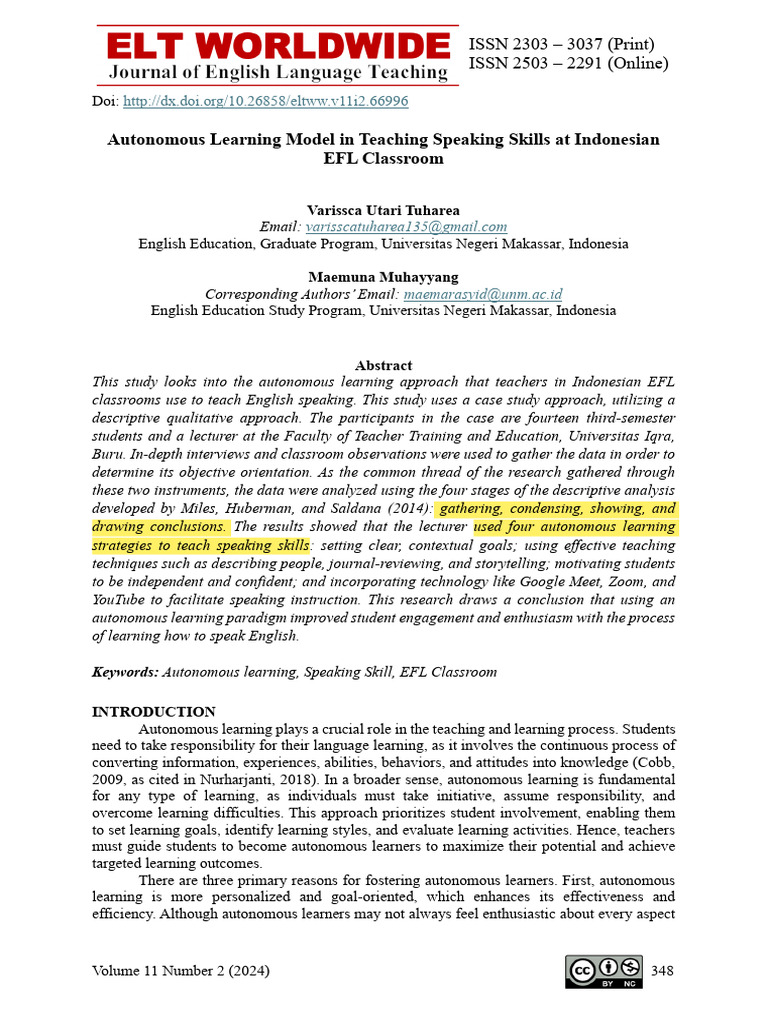 Autonomous Learning Model in Teaching Speaking Skills at Indonesian EFL ...