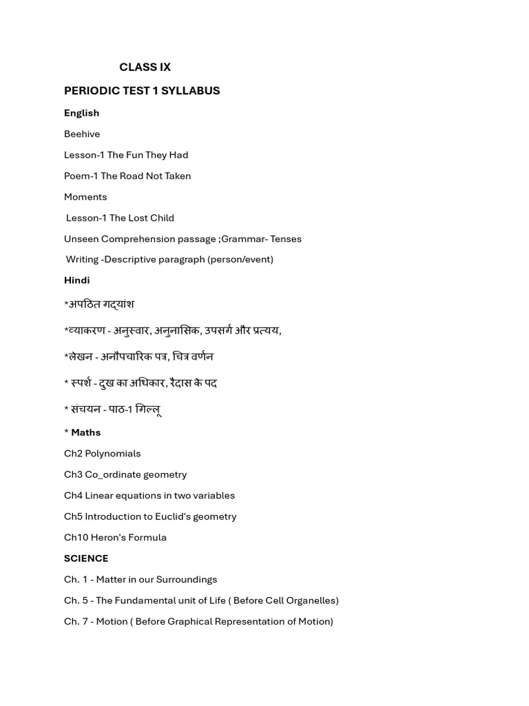 Class IX Syllabus For Periodic Test1 | PDF