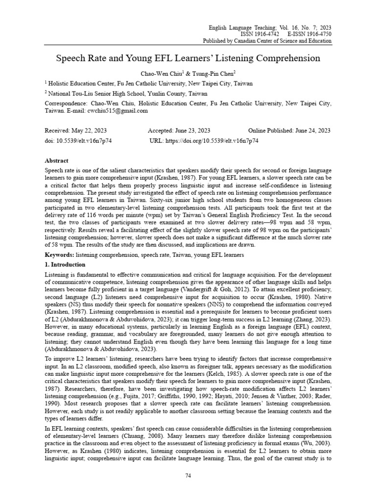 Impact of Speech Rate on EFL Listening | PDF | English As A Second Or ...