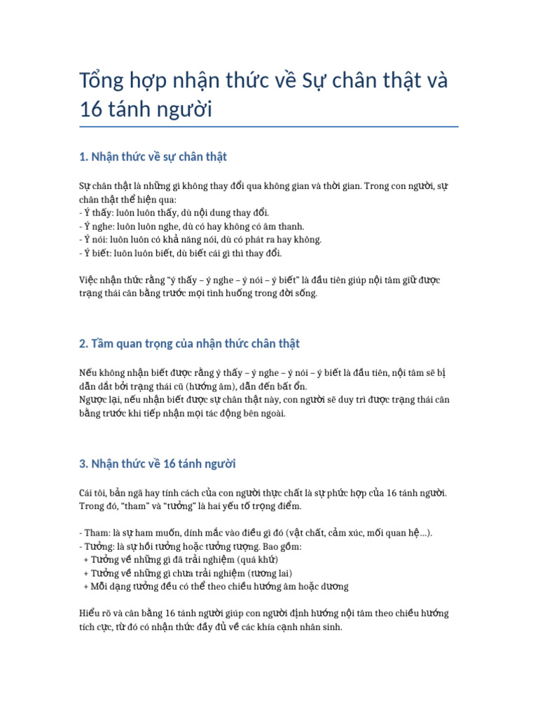 Nhan Thuc Su Chan That Va 16 Tanh Nguoi | PDF