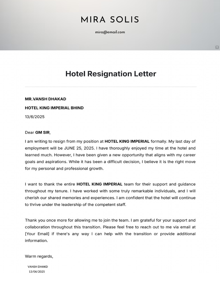 Free Hotel Resignation Letter Template (1) | PDF