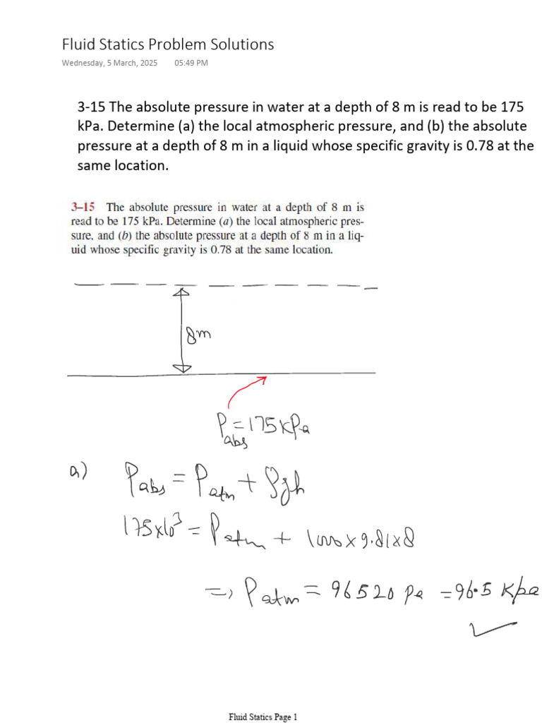 Fluid Statics Pressure Calculation | PDF