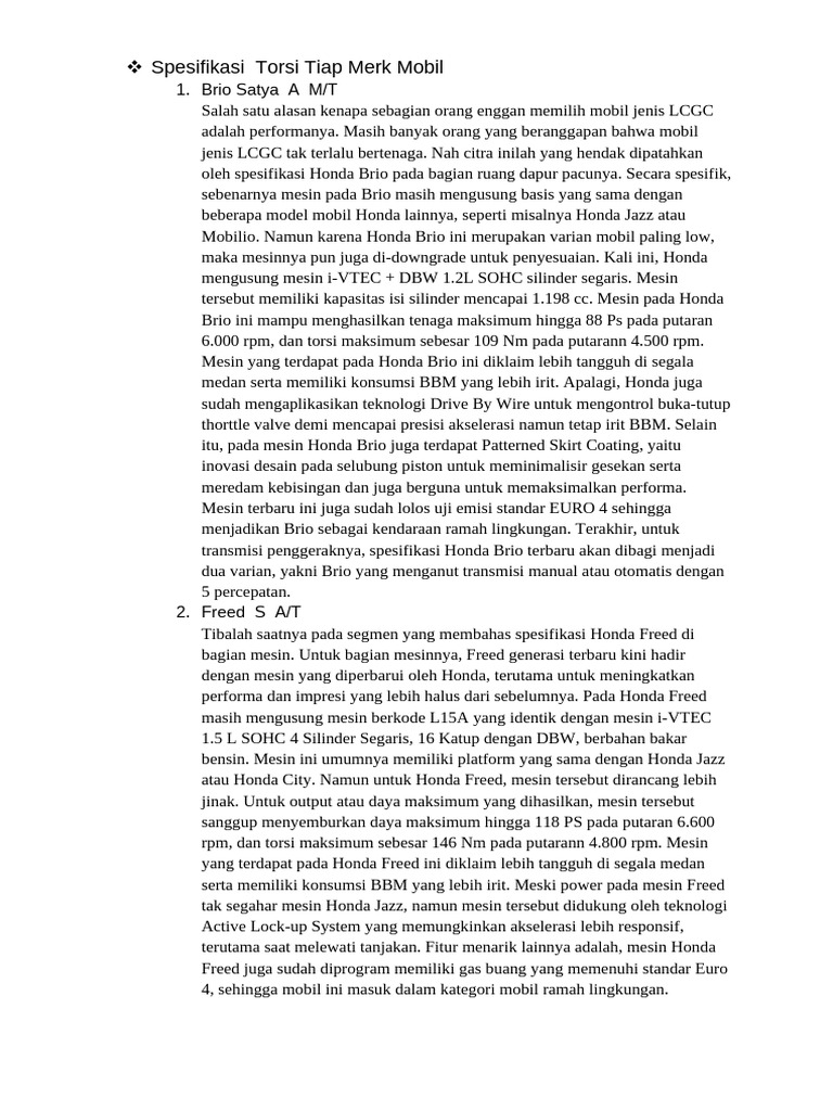 Spesifikasi Torsi Tiap Merk Mobil | PDF
