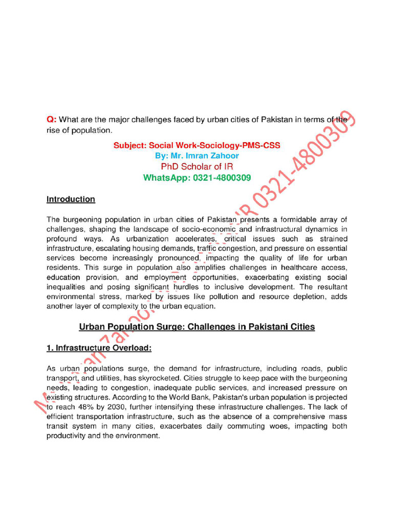 Solved Question Challenges of Urban Cities of Pakistan | PDF