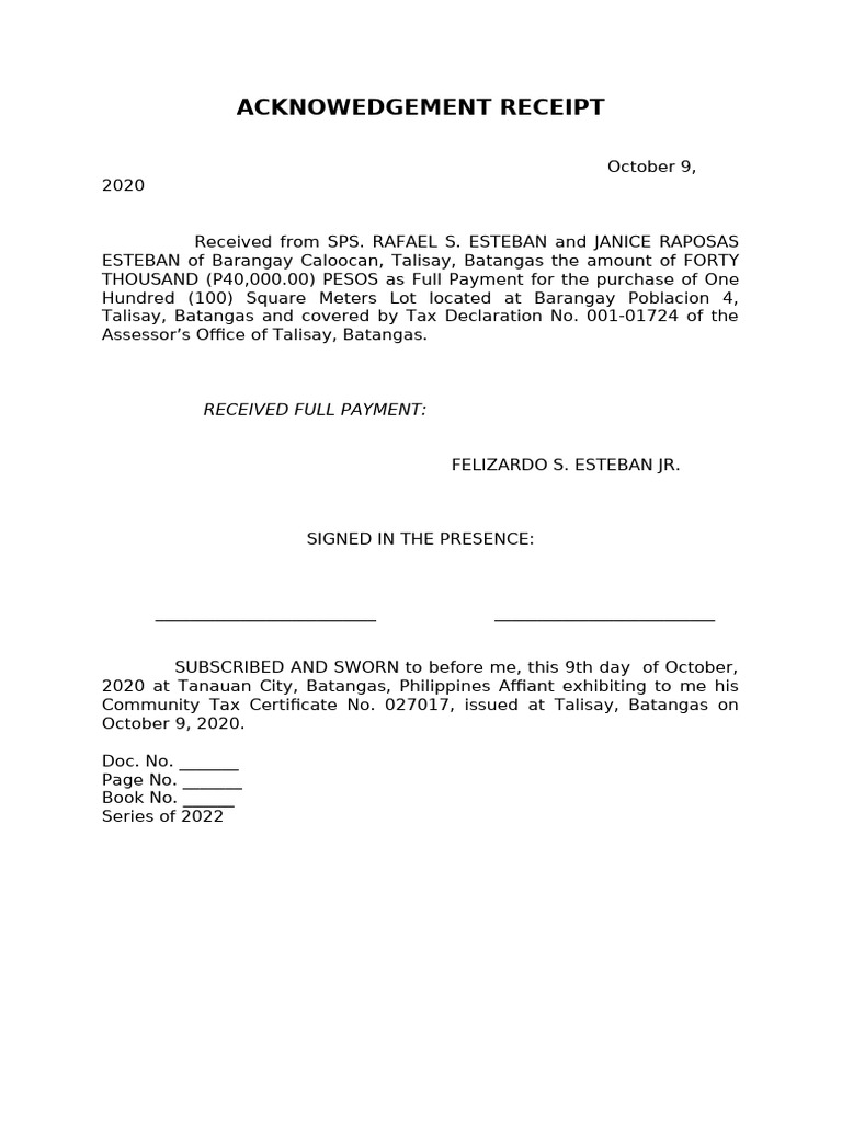 Acknowledgment Receipt for Lot Purchase | PDF