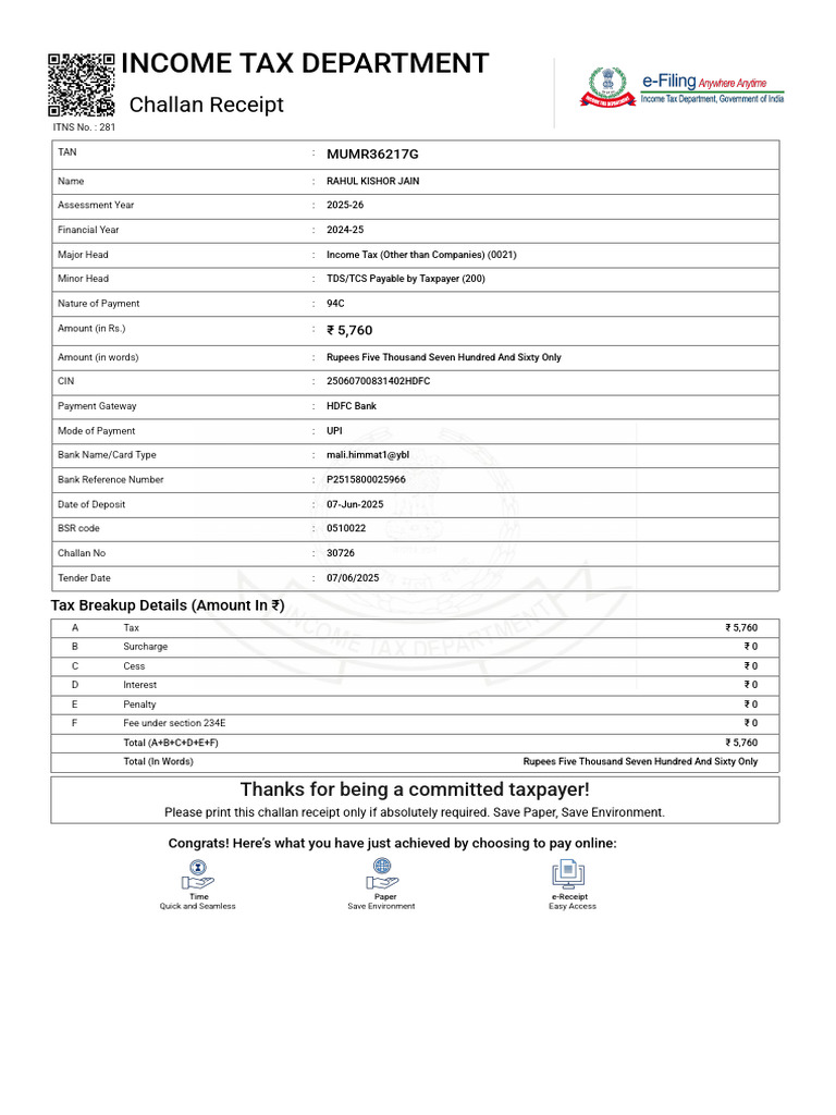 Income Tax Challan Receipt 2025-26 | PDF | Taxes | Personal Finance