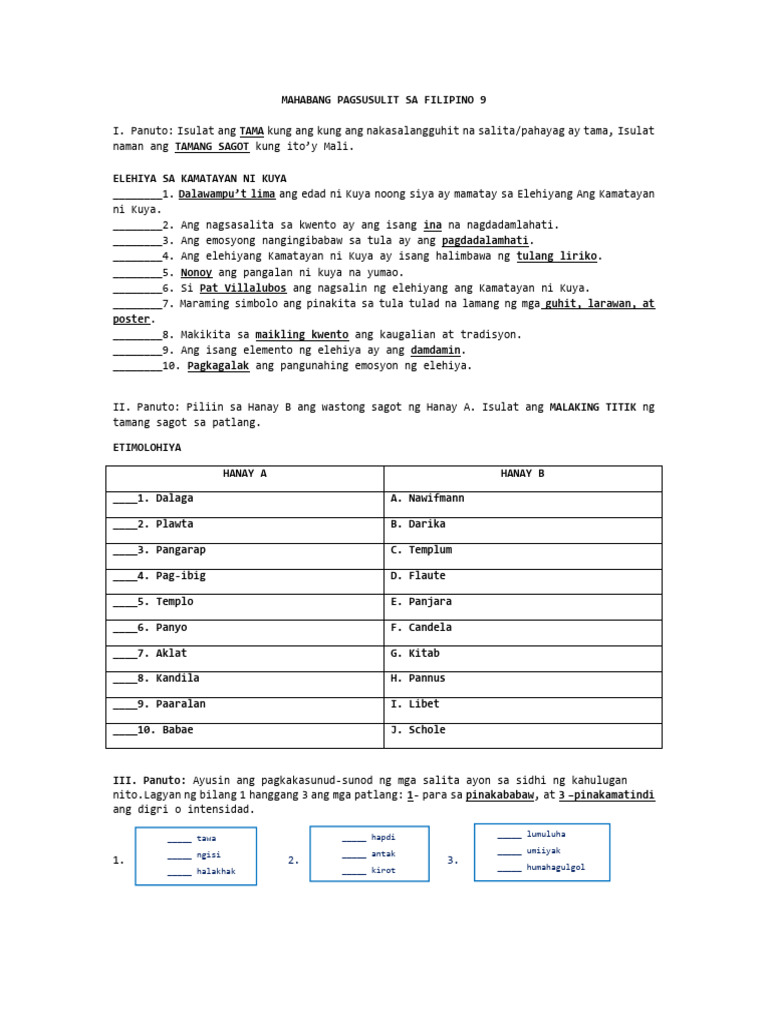 Mahabang Pagsusulit Sa Filipino 9 | PDF