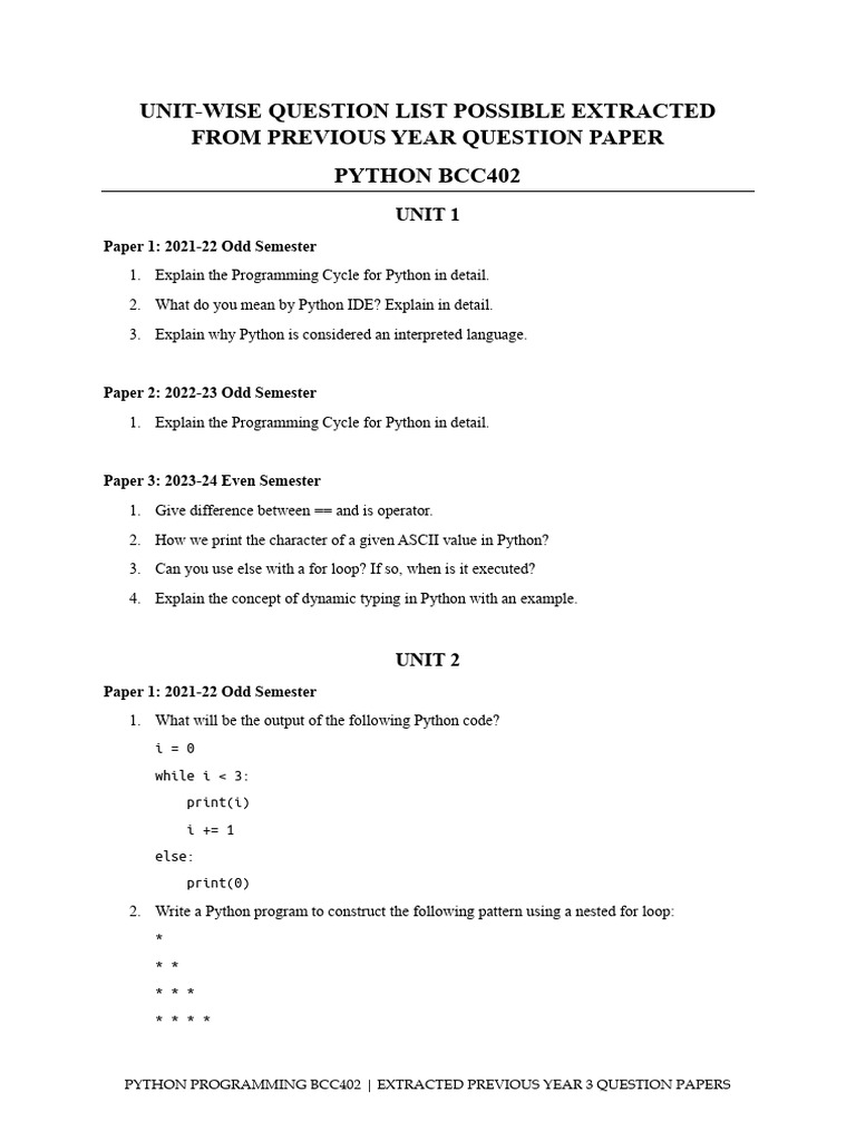 Previous Year Question List - Python BCC402 | PDF | Python (Programming Language) | Computer ...