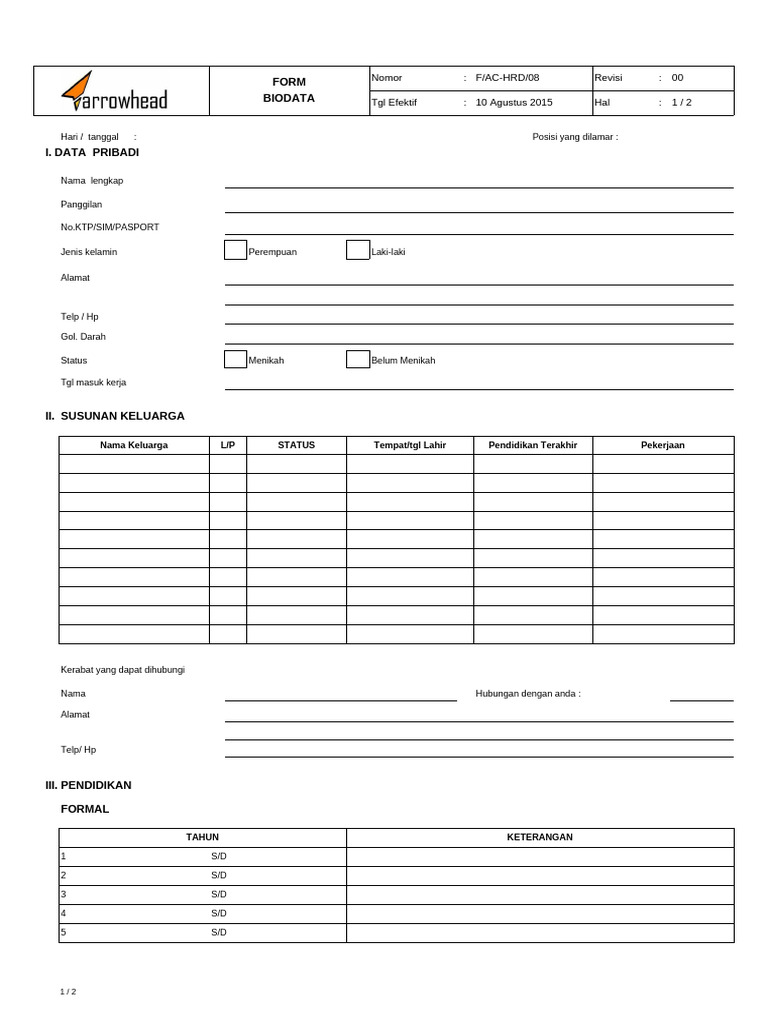 Formulir Biodata Lamaran Kerja | PDF