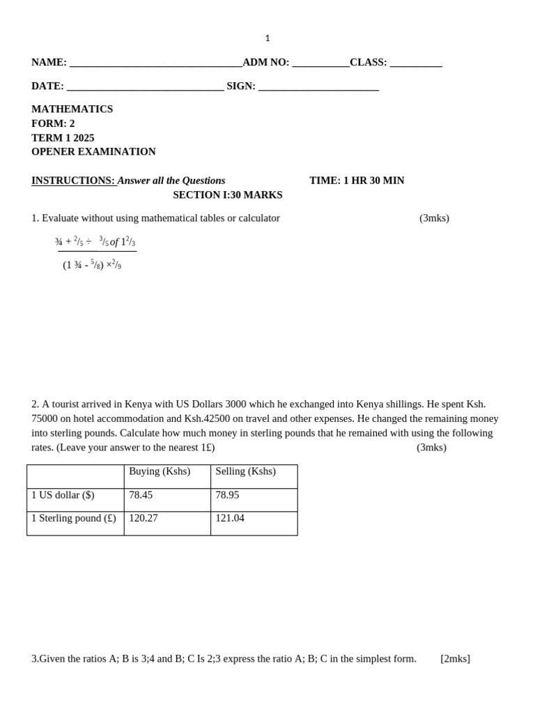 2025 Mathematics f2 Qs t1 Exam 1 Teacher Co Ke | PDF