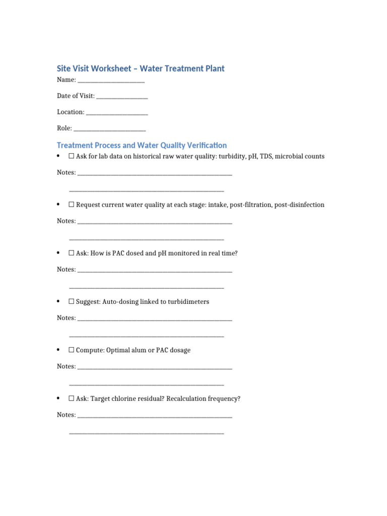 Water Treatment Plant Site Visit Checklist | PDF | Water | Pump