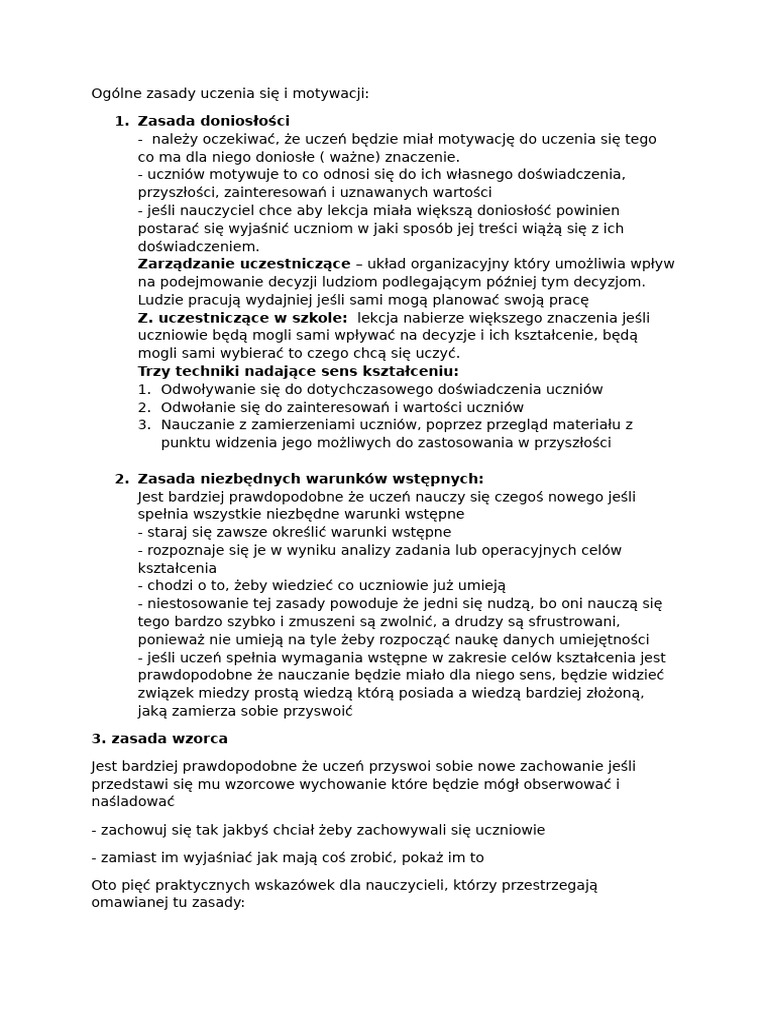 Zasady Uczenia Się I Motywacji Pedagogika | PDF