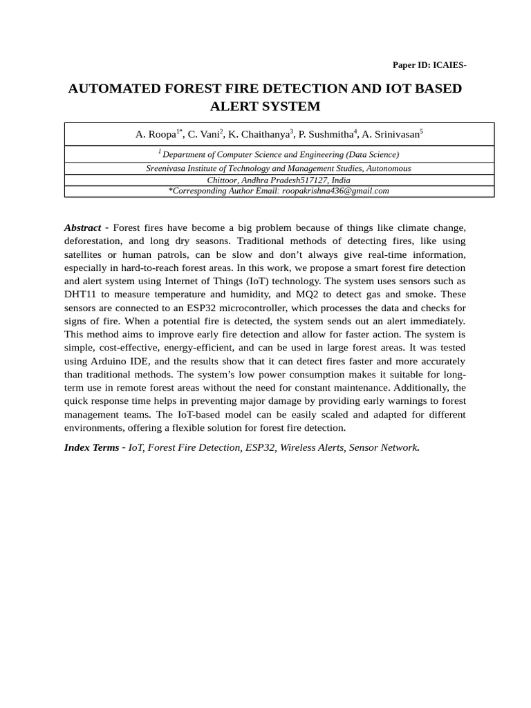 Conabstractsmart Forest Fire Detection and Alert System Using Iot | PDF
