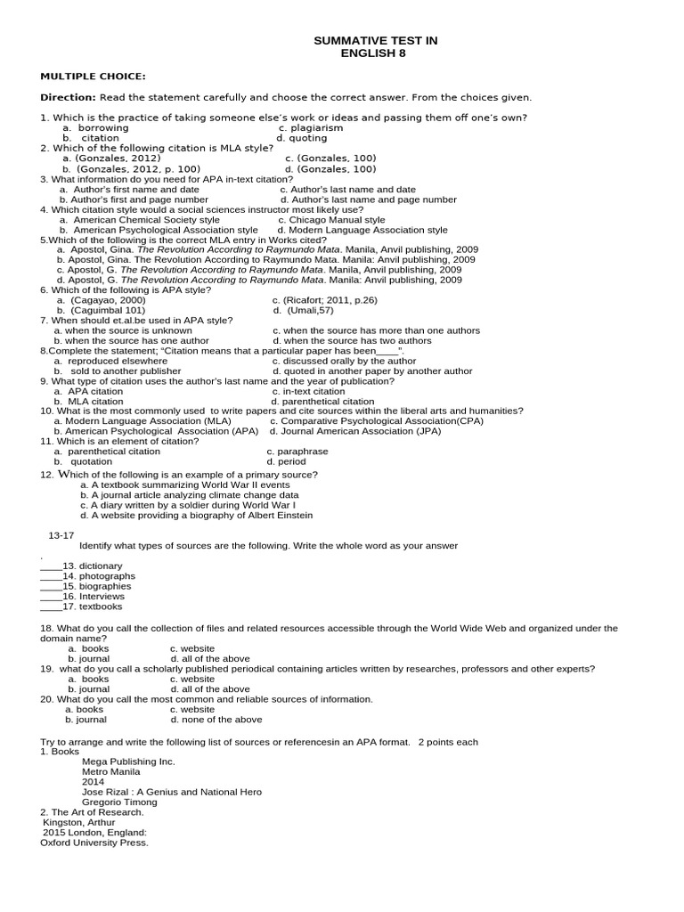 Citation Practices in English 8 Test | PDF | Citation | Apa Style
