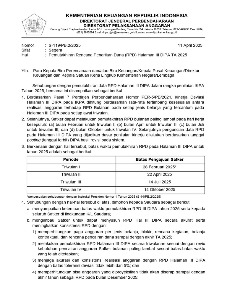 Batas-Batas Waktu Pemutakhiran Rencana Penarikan Dana RPD Halaman III DIPA TA 2025 | PDF