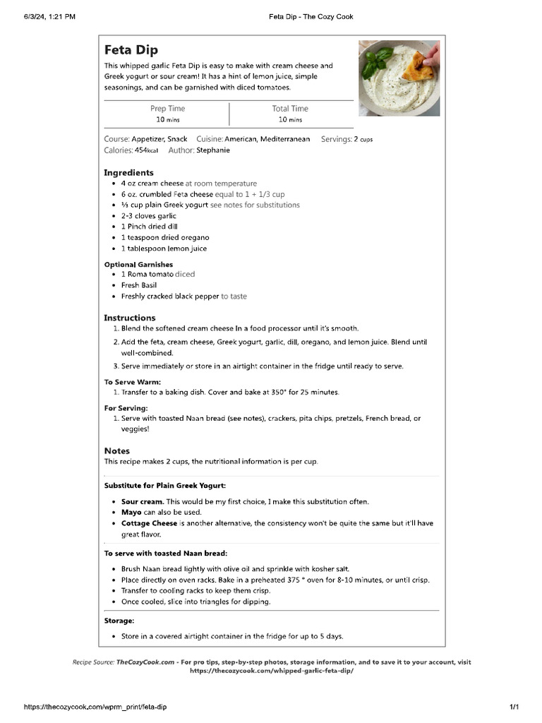 Feta Dip - The Cozy Cook | PDF