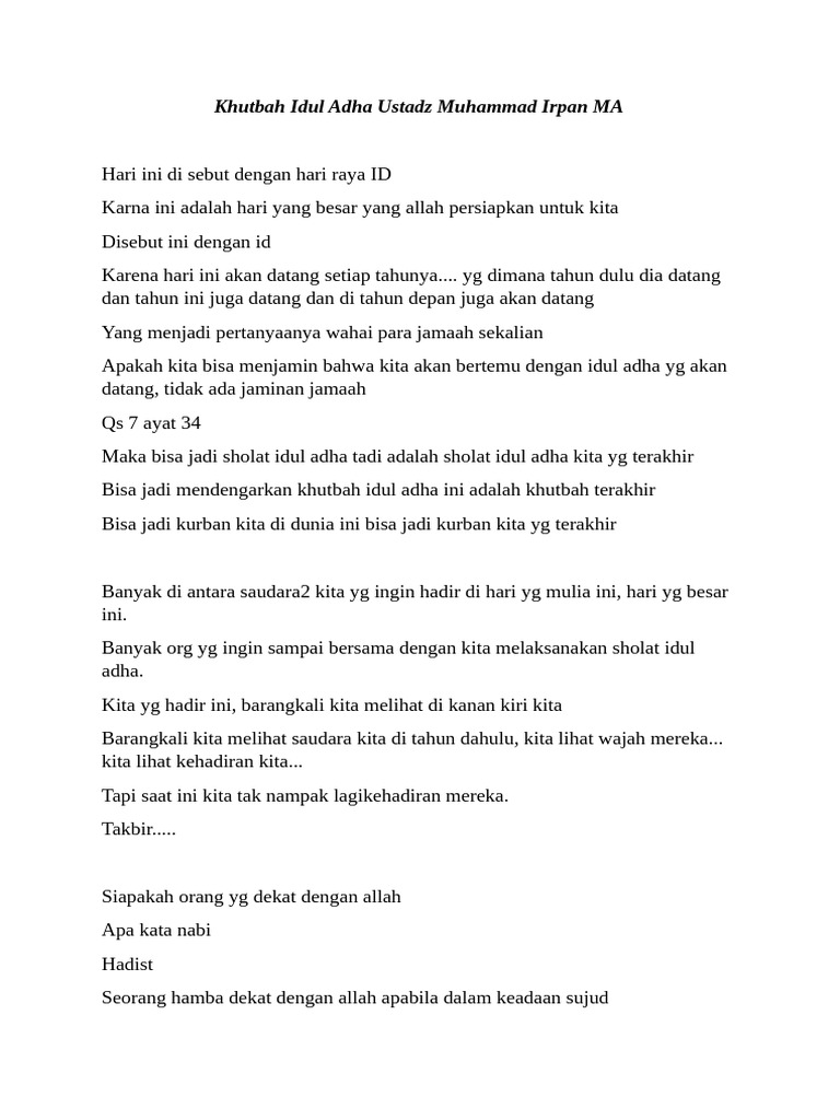 Khutbah Idul Adha Ustadz Muhammad Irpan MA | PDF