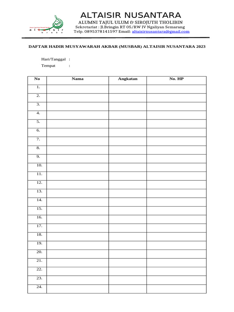 Daftar Hadir Musyawarah Akbar (Musbar) Altaisir Nusantara 2023 | PDF