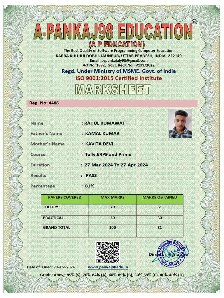 Rahul Kumawat Marksheet Tally | PDF