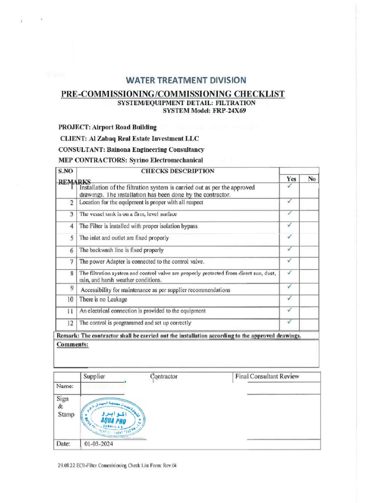 Water Filtration System Sample Checklist | PDF | Electricity ...