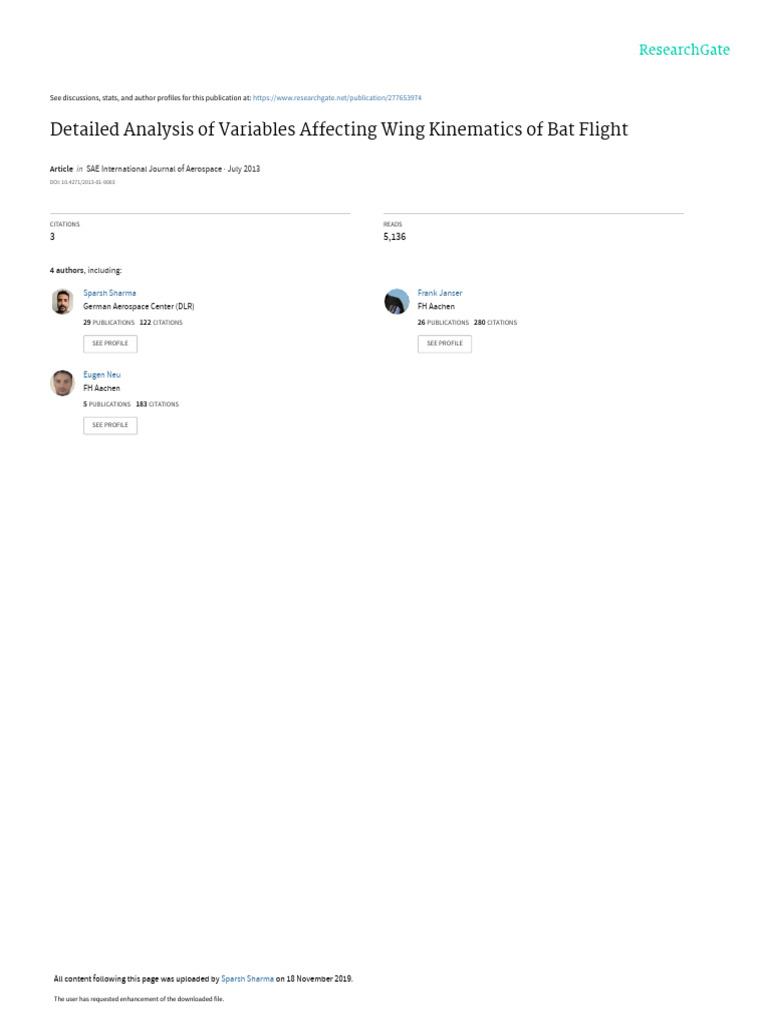 Detailed Analysis of Variables Affecting Wing Kinematics of Bat Flight | PDF | Flight | Lift (Force)