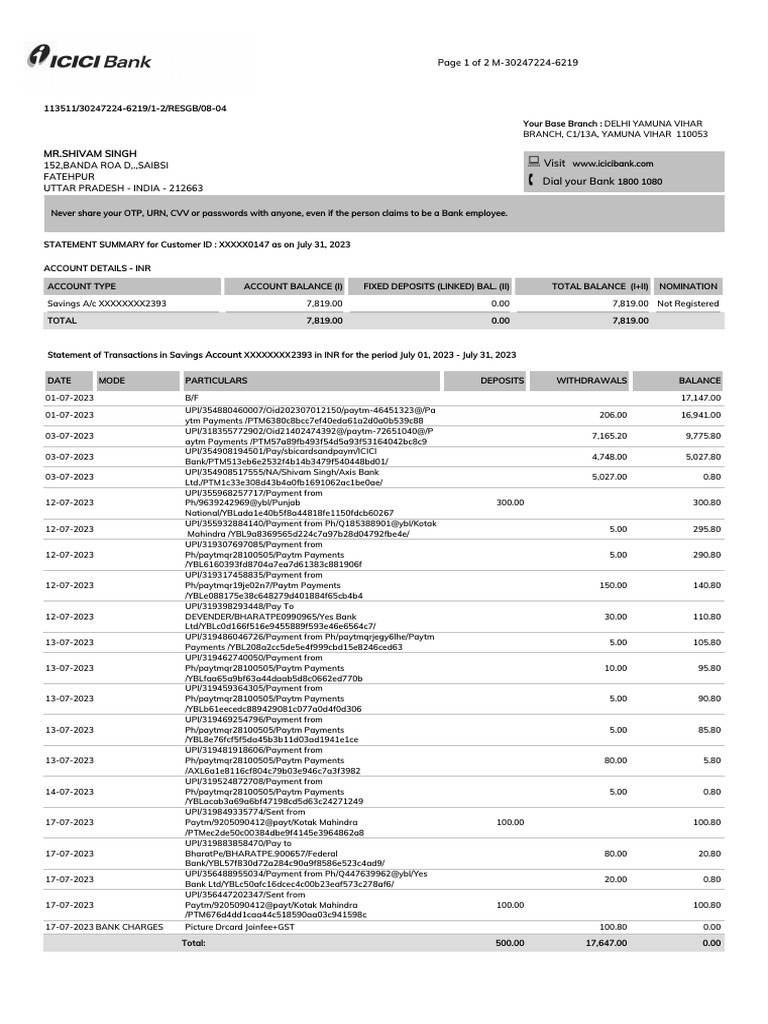 July 2023 Savings Account Statement | PDF | Banks | Debit Card
